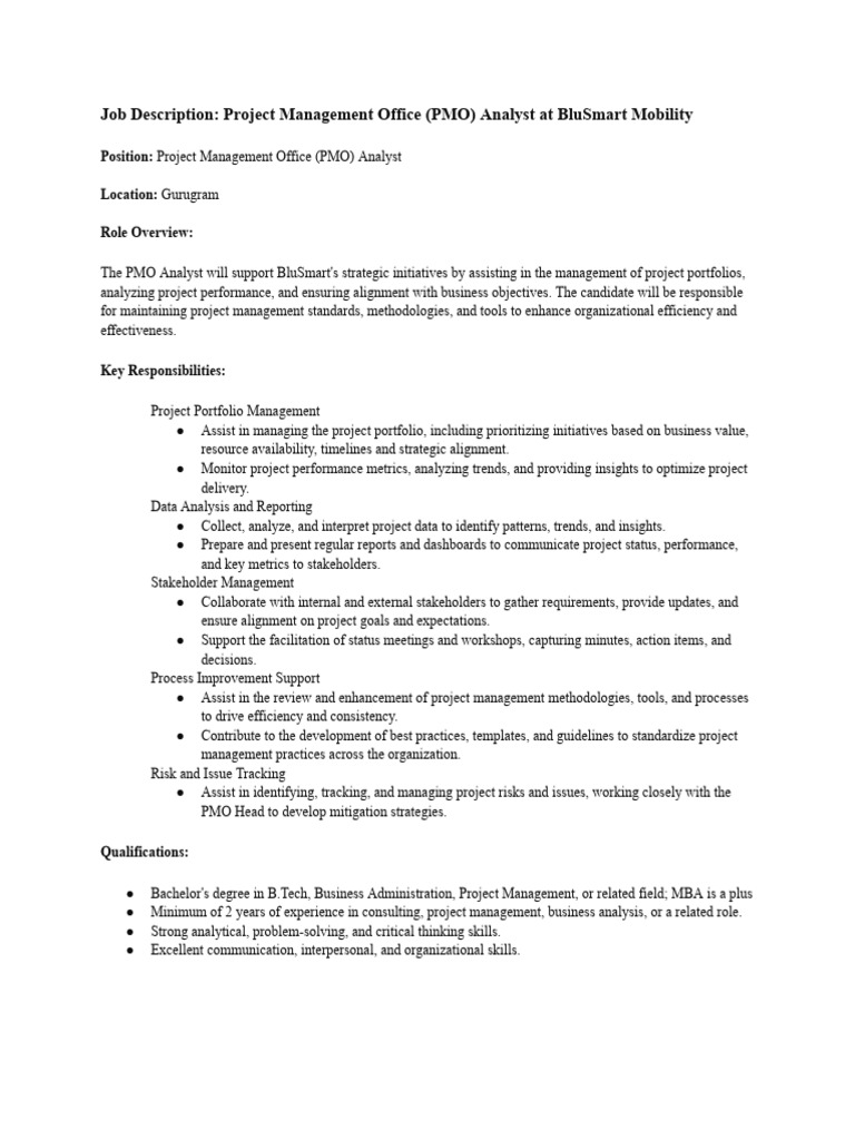 JD - PMO Analyst at BluSmart Mobility | PDF | Project Management | Financial Analyst