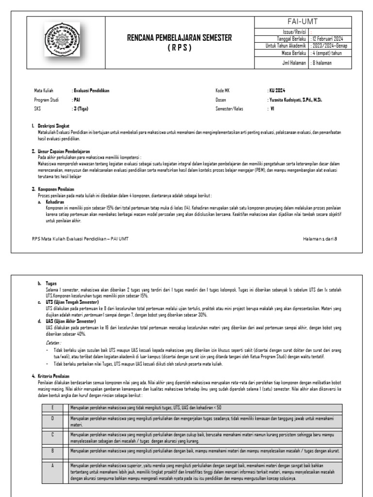 RPS Evaluasi Pendidikan 2024 | PDF