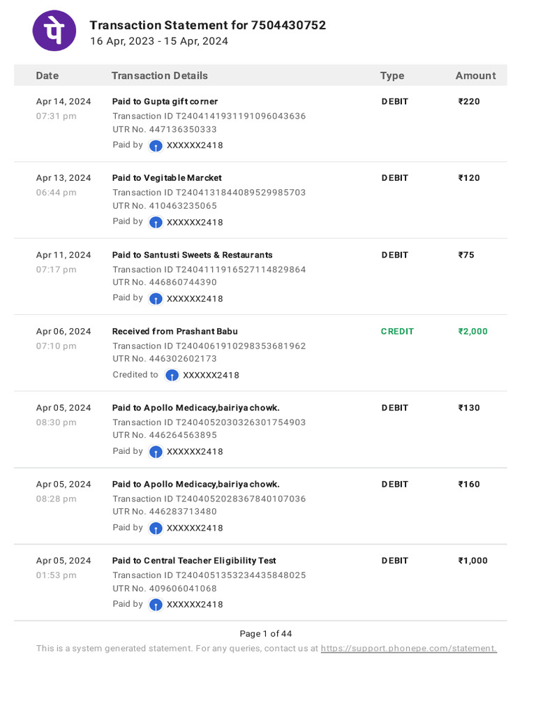 PhonePe Statement Apr2023 Apr2024 | PDF | Debits And Credits | Debit Card