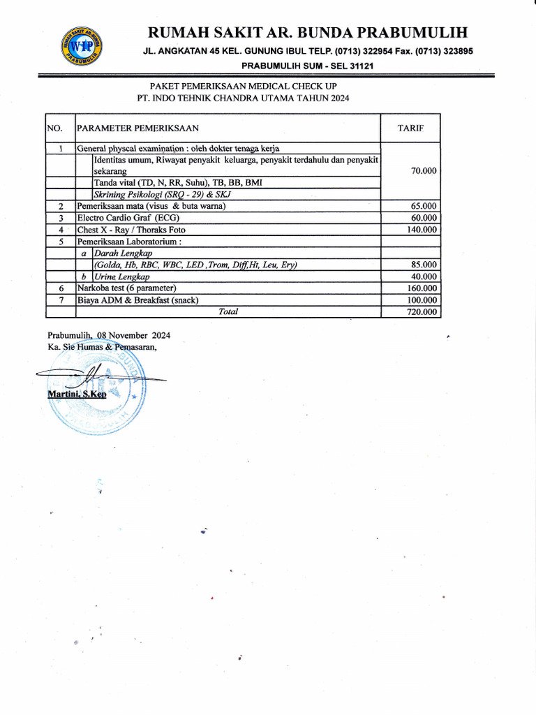 Tarif Mcu PT Indo Tehnik Chandra Utama 2024-1 | PDF