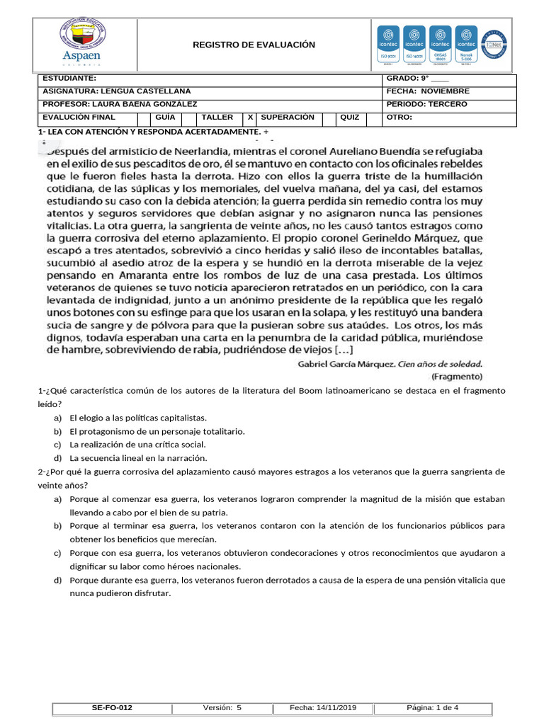 Taller de Repaso 9°iiip3 | PDF | Vanguardia