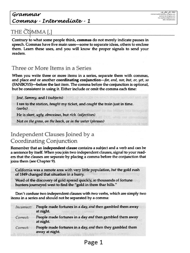 Grammar - Commas - Intermediate - 1 | PDF