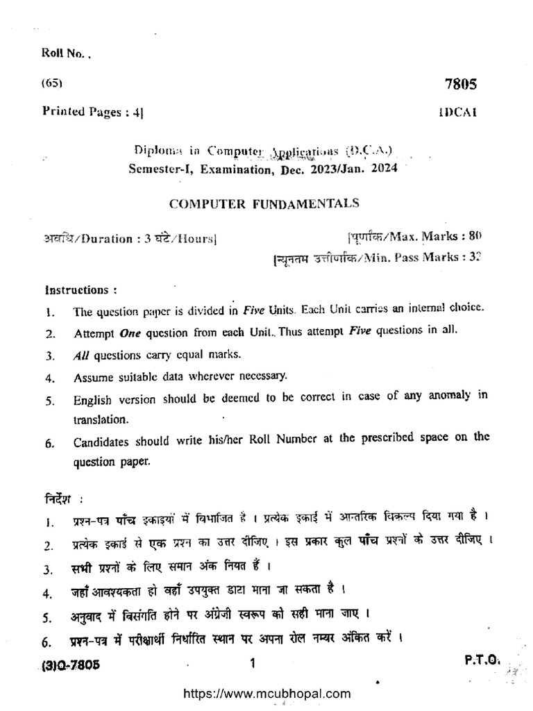 Dca 1 Sem Computer Fundamentals 7805 Jan 2024 | PDF