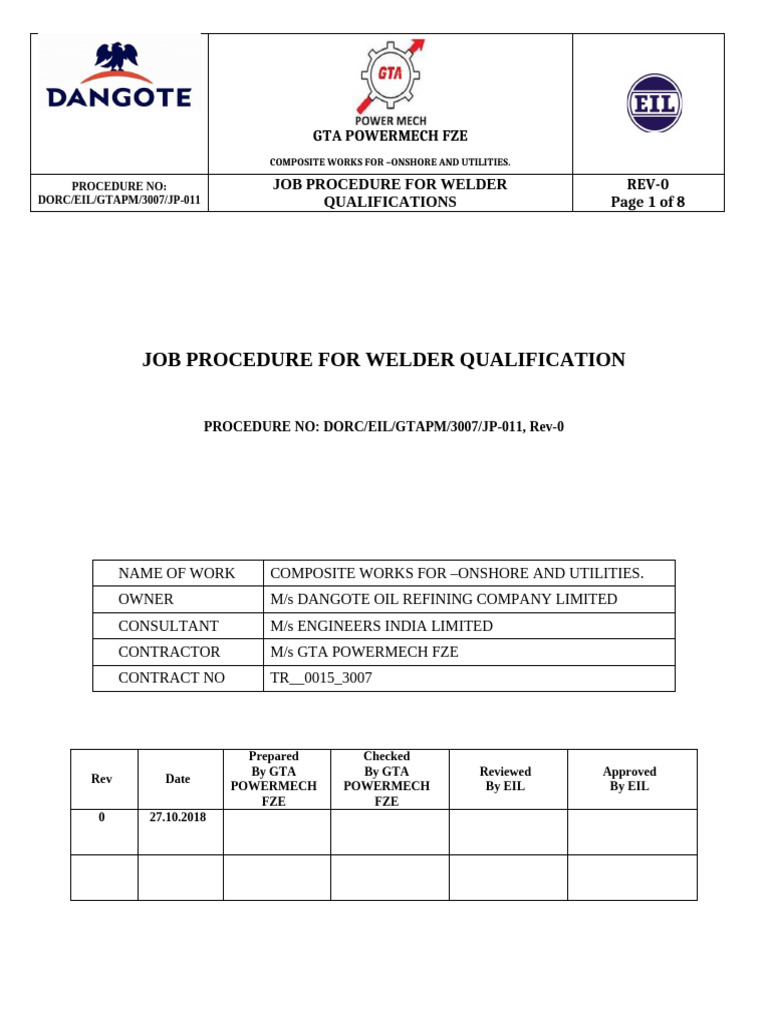 Jp-011 Job Procedure For Welder Qualification | PDF | Welding ...