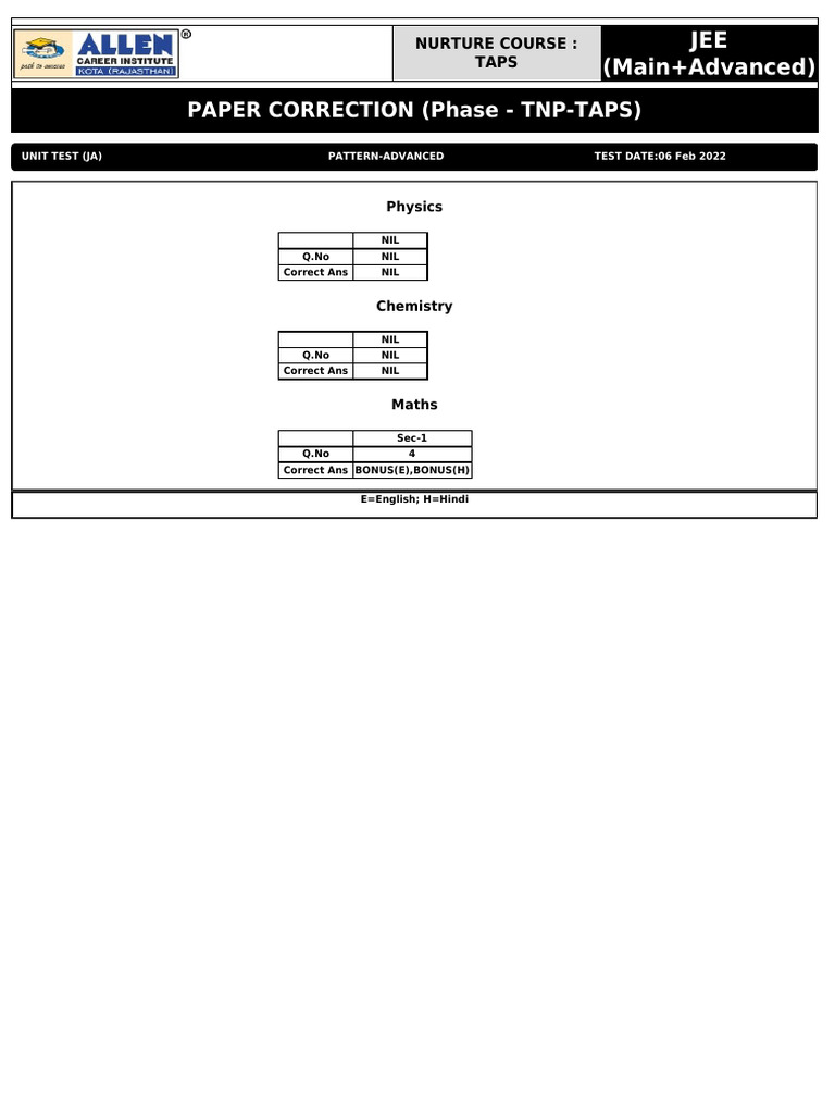 Paper Correction (Phase - Tnp-Taps) : JEE (Main+Advanced) | PDF