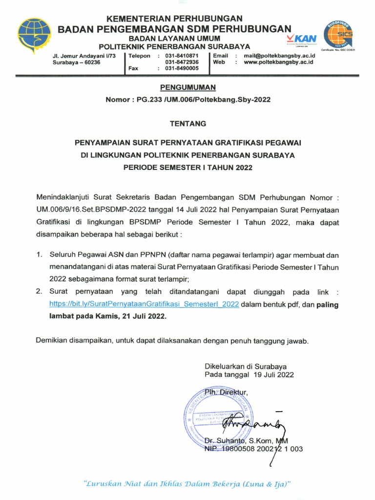 PG.233 - Penyampaian Surat Pernyataan Gratifikasi Pegawai - SMT 1-2022 ...