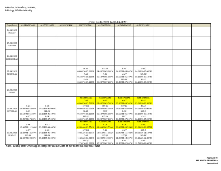 Time Table For 2023-24 Junior Batch-2 | PDF