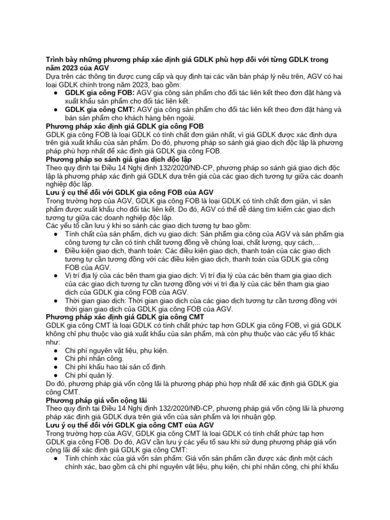 Trình Bày Những Phương Pháp Xác Định Giá GDLK Phù Hợp Đối Với Từng GDLK Trong Năm 2023 Của AGV | PDF