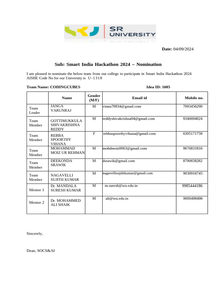 SIH 2024 Consent Letter Per Team | PDF