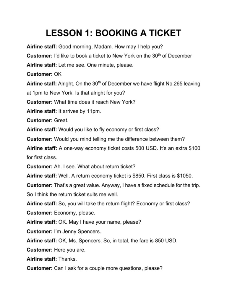 Lesson 1 - Booking A Ticket | PDF | Airlines | Aviation