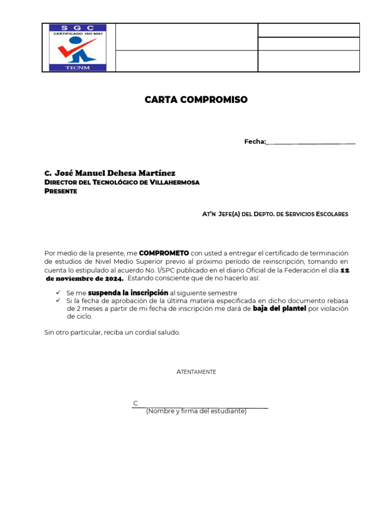 Cartas Compromisos | PDF