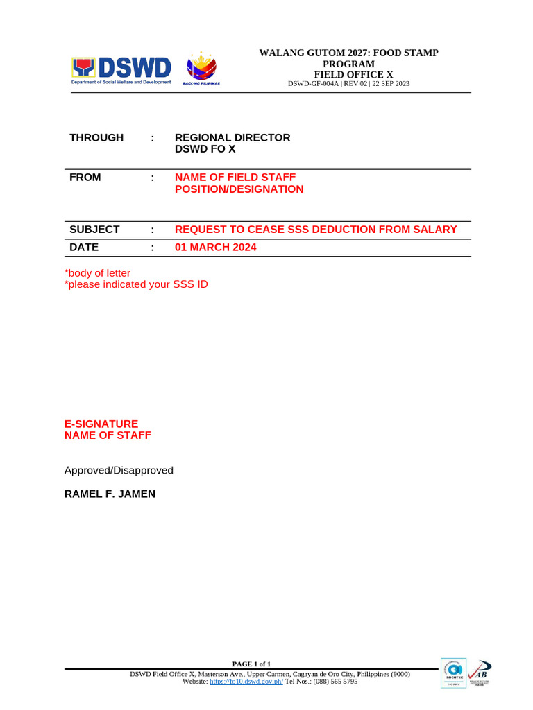 DSWD GF 004A REV 02 Memo For The Sec FO X Template 1 | PDF