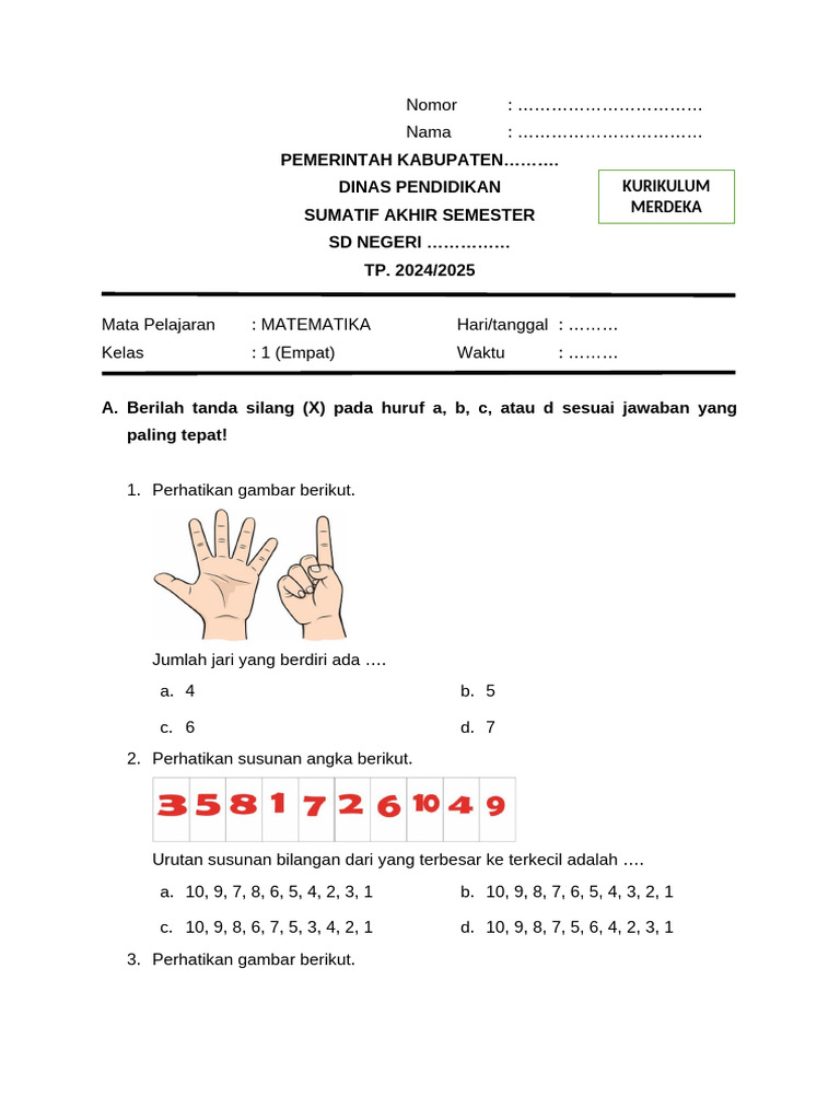 Soal Asas Ganjil Matematika Kelas 1 | PDF