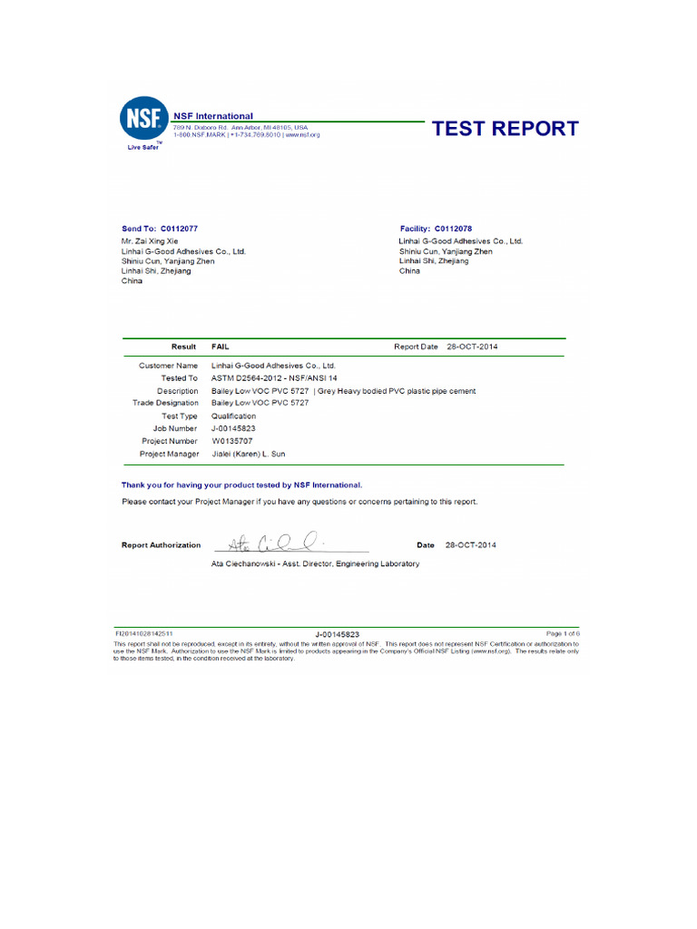 Bailey L-5727 NSF14 Test Report | PDF