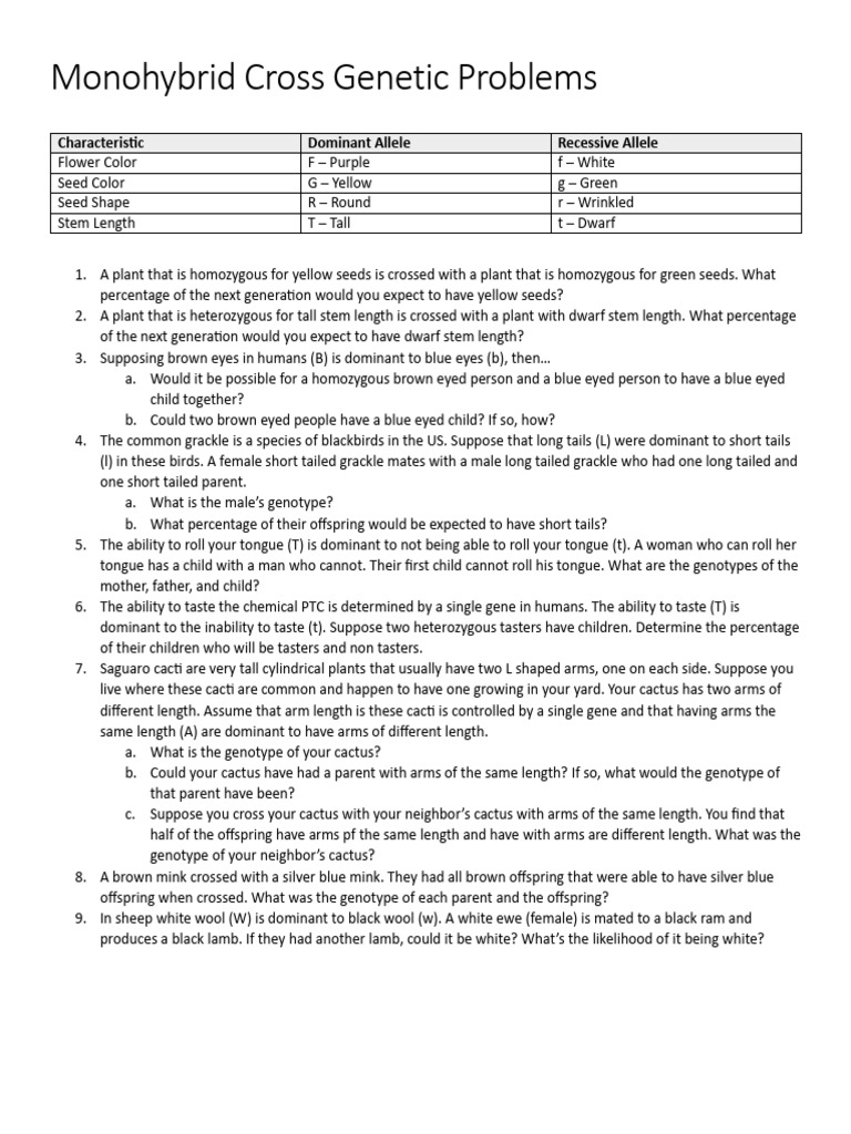 Monohybrid Cross Genetic Problems | PDF | Dominance (Genetics) | Zygosity