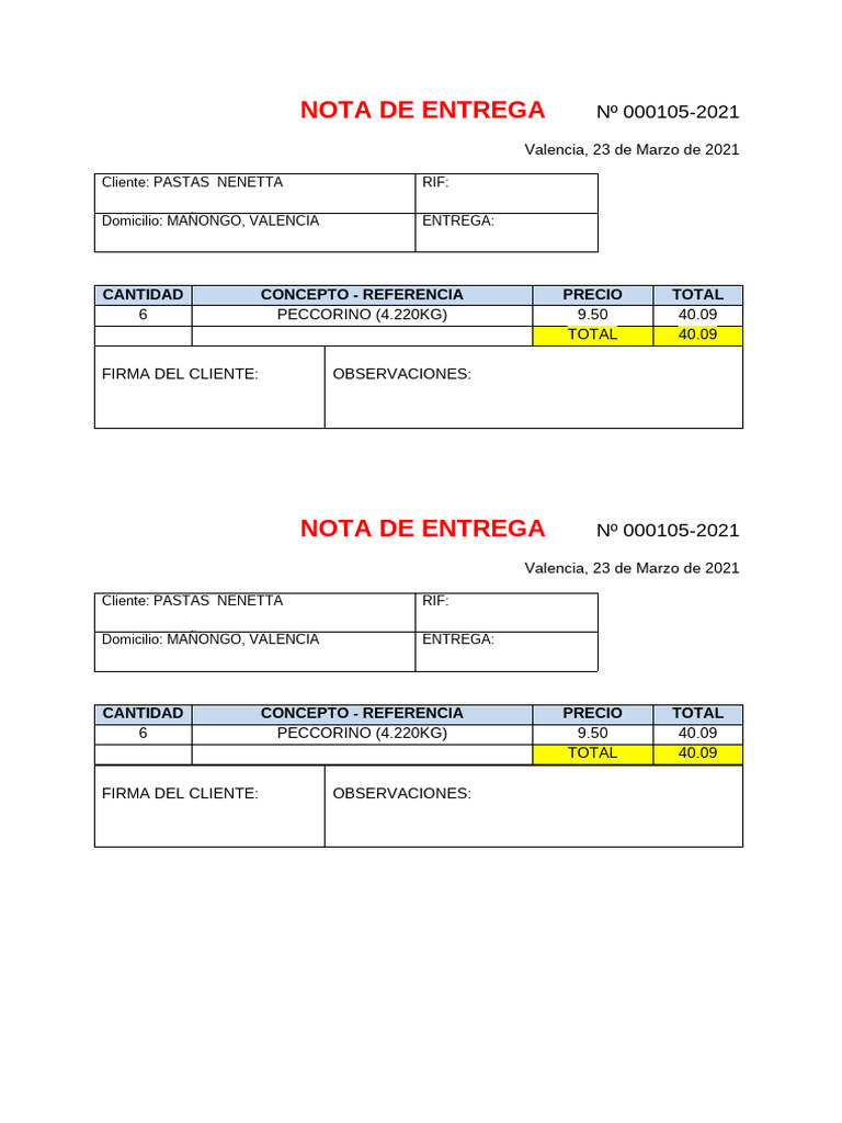 Modelo de Nota de Entrega | PDF