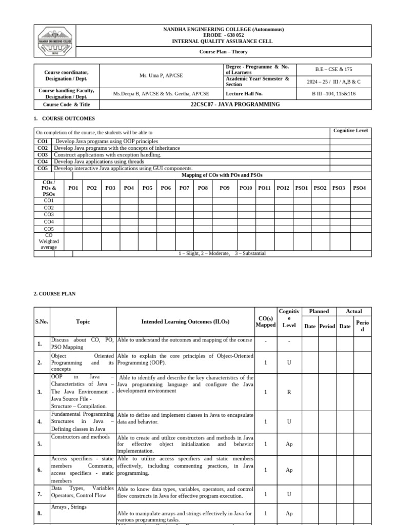 Lecture Plan Theoryjp Pdf Class Computer Programming Method