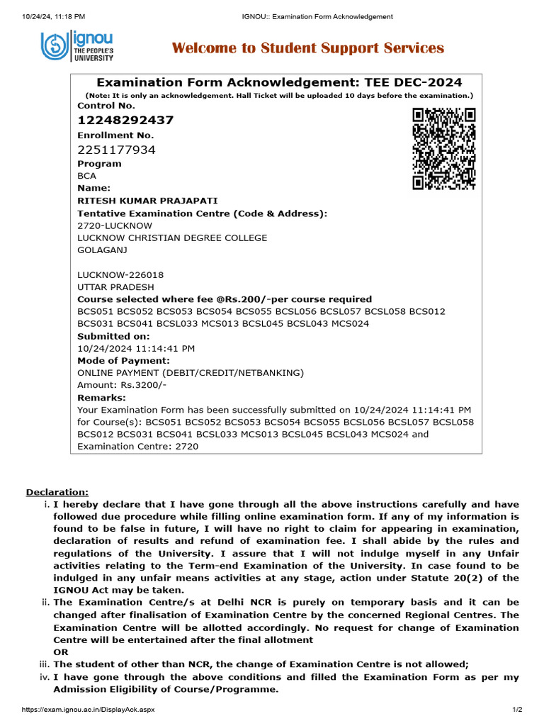 IGNOU - Examination Form Acknowledgement | PDF