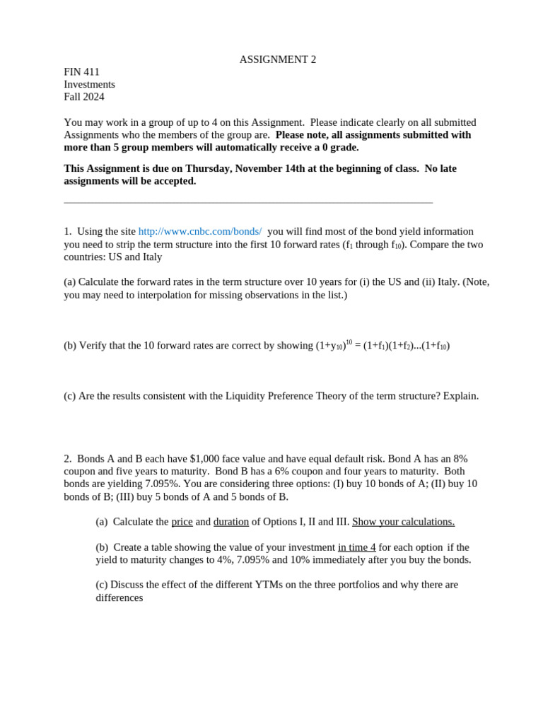 FIN 411 Assignment 2 - Fall 2024 | PDF