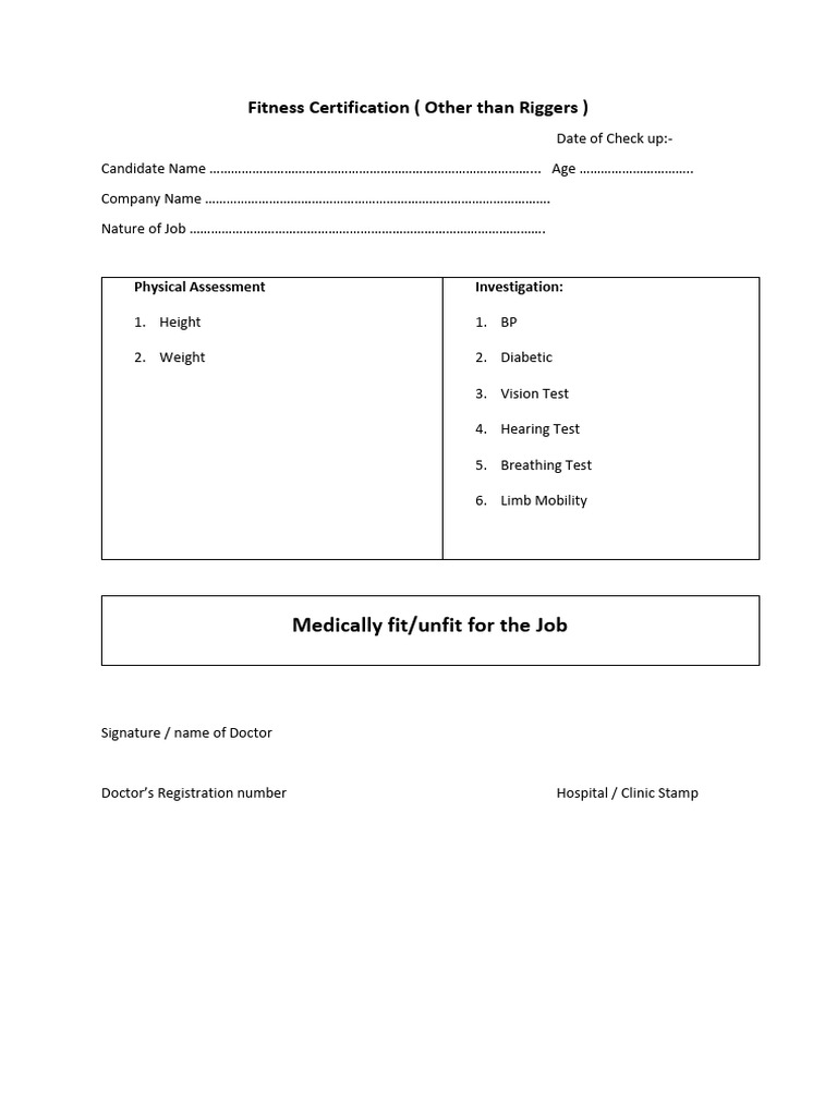 Medical Fitness Certificate (Other Than Riggers) | PDF