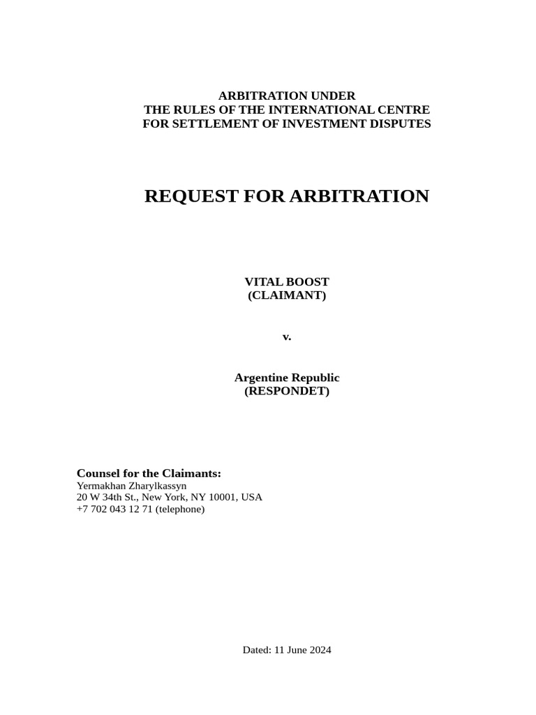 Request For Arbitration: Arbitration Under The Rules of The International Centre For Settlement ...