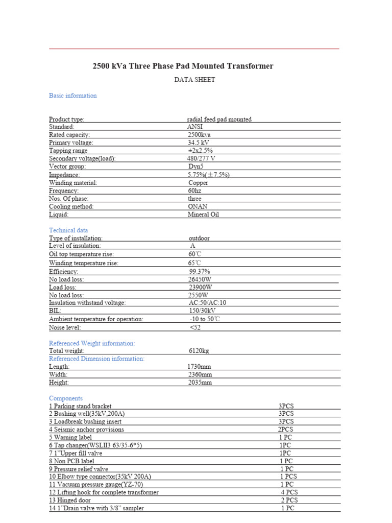 Reference Data Sheet Copper Transformer 2500 34.5 0.48 0.277 | PDF ...