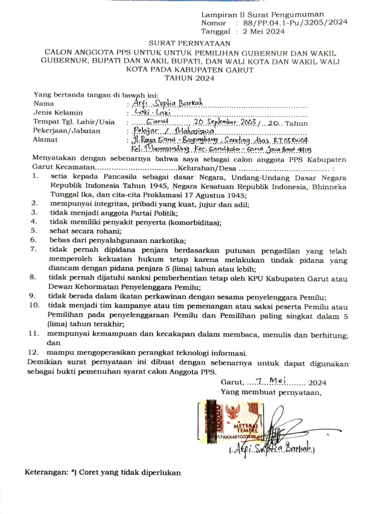 Surat Pernyataan - Arfi - 20240507 | PDF