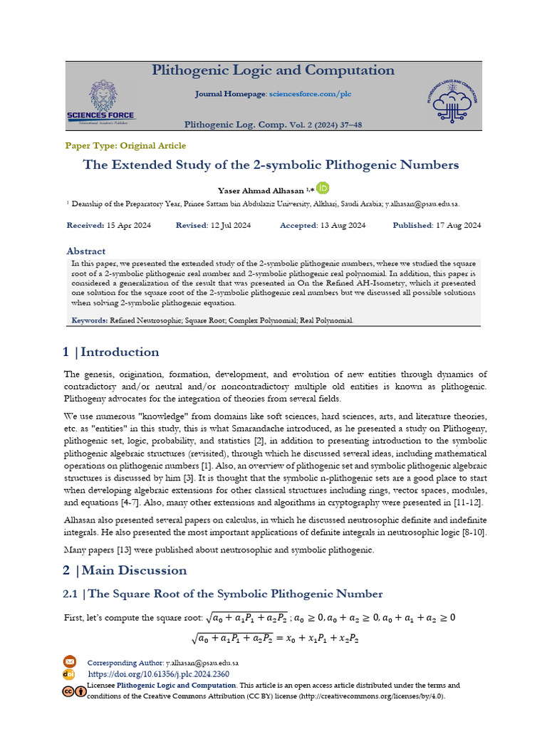 The Extended Study of The 2-Symbolic Plithogenic Numbers | PDF | Factorization | Polynomial