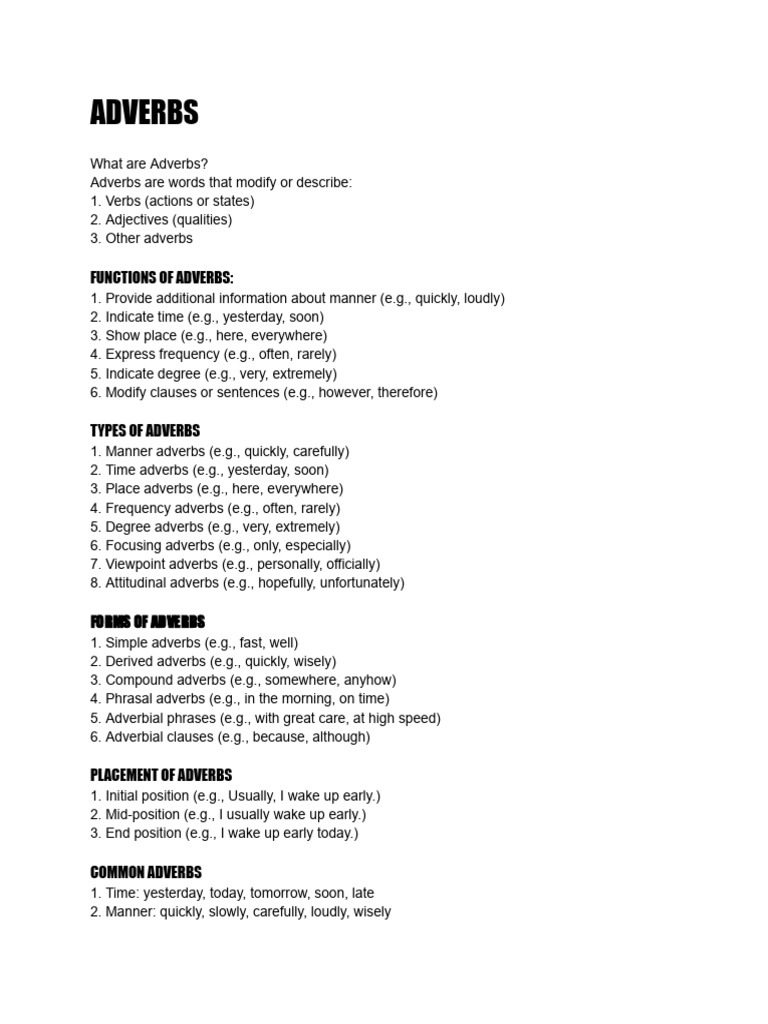 Adverbs & Prepositions Document | PDF | Adverb | Semantics