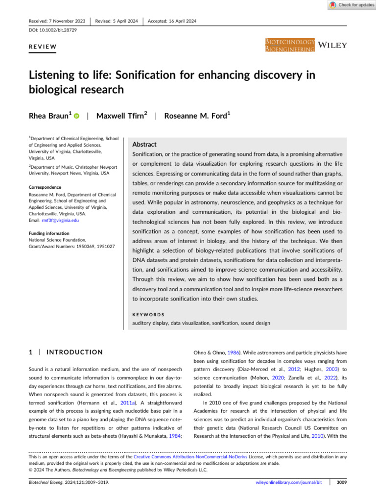 Biotech Bioengineering - 2024 - Braun - Listening To Life Sonification ...