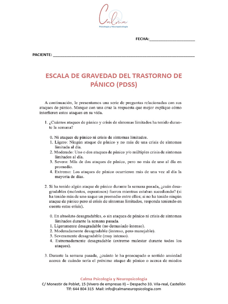 Escala de Gravedad Del Trastorno de Pánico (PDSS) | PDF | Ciencias ...