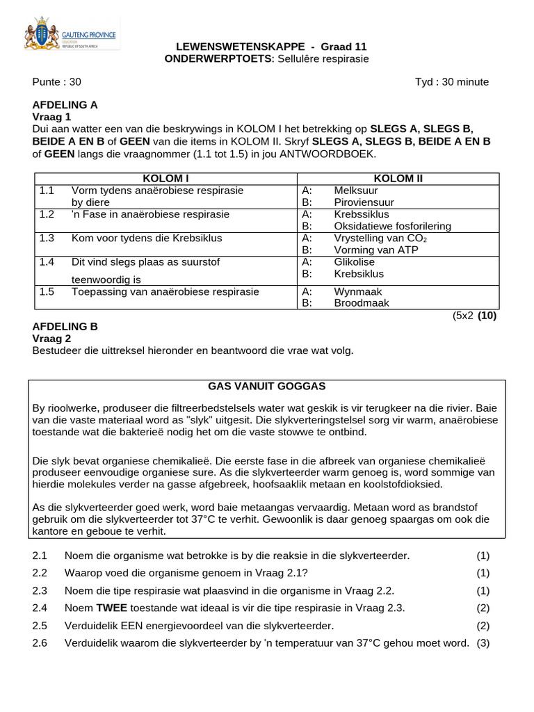 Gr.11 Topic Test Respiration Afr | PDF