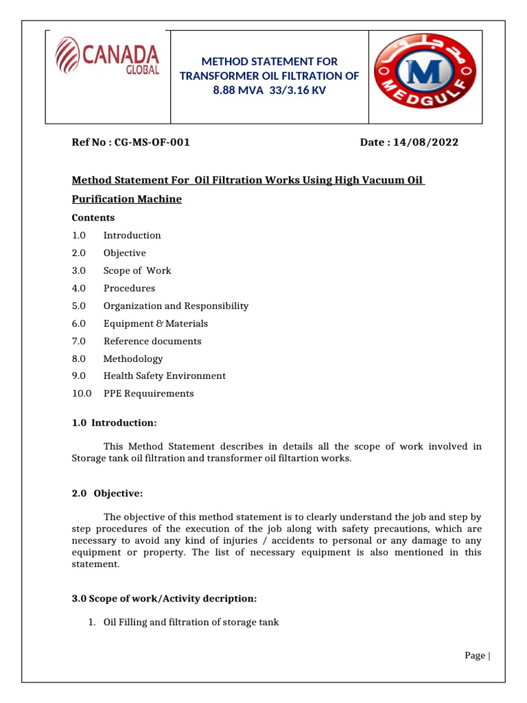 Method - Statement - Oil Filtration New WWWW | PDF | Transformer ...