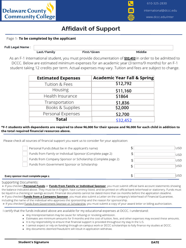Affidavit of Support: Estimated Expenses Academic Year Fall & Spring ...