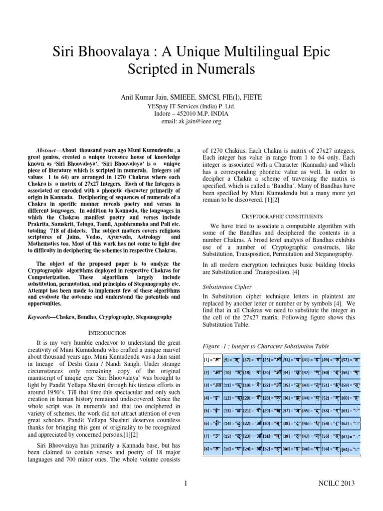 Siri Bhoovalaya: A Unique Multilingual Epic Scripted in Numerals | PDF | Cipher | Cryptography