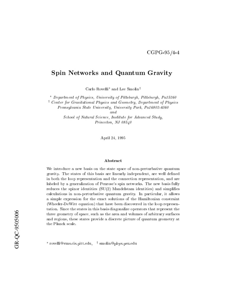 Carlo Rovelli and Lee Smolin - Spin Networks and Quantum Gravity | PDF | Quantum Gravity | Spin ...
