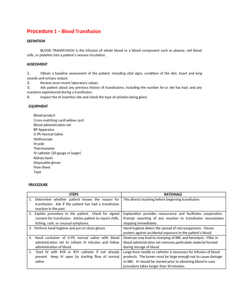 RLE Procedures | PDF | Blood Transfusion | Catheter