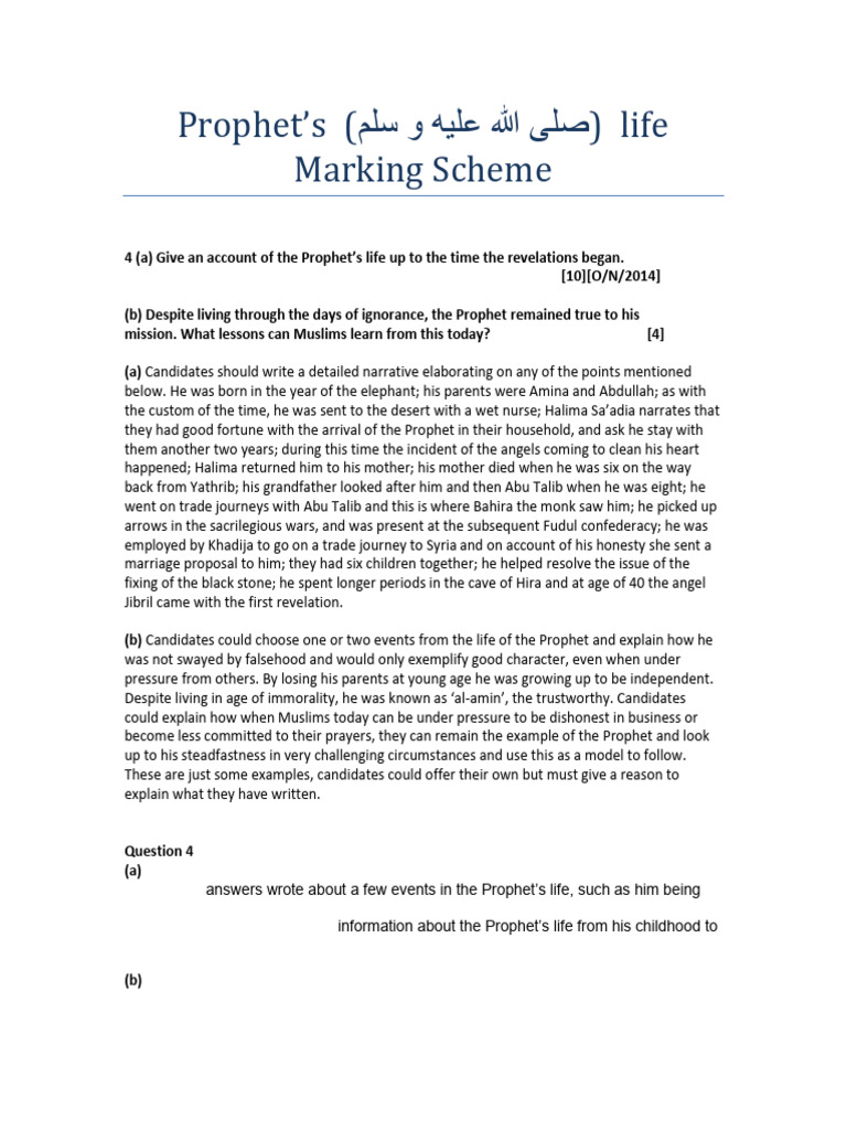 PAST PAPERS MARKING SCHIME - Prophet's (SAW) Life | PDF | Muhammad | Quran