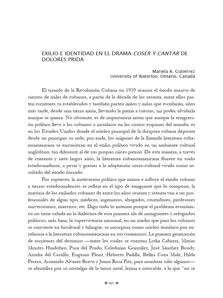 Exilio e Identidad en El Drama Coser y Cantar de Dolores Prida 1220124 | PDF | Mujer | Cuba
