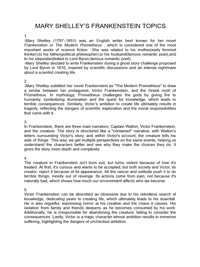 Mary Shelley's Frankenstein Analysis | PDF | Frankenstein