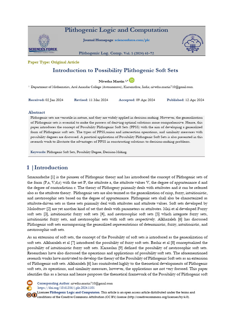 Introduction to Possibility Plithogenic Soft Sets | PDF | Concept | Decision Making