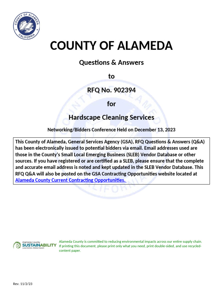 County of Alameda: Questions & Answers To RFQ No. 902394 For Hardscape ...