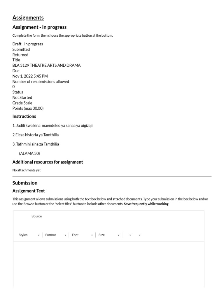 BLA3129 Theatre Arts and Drama in Kiswahili - Assignments | PDF