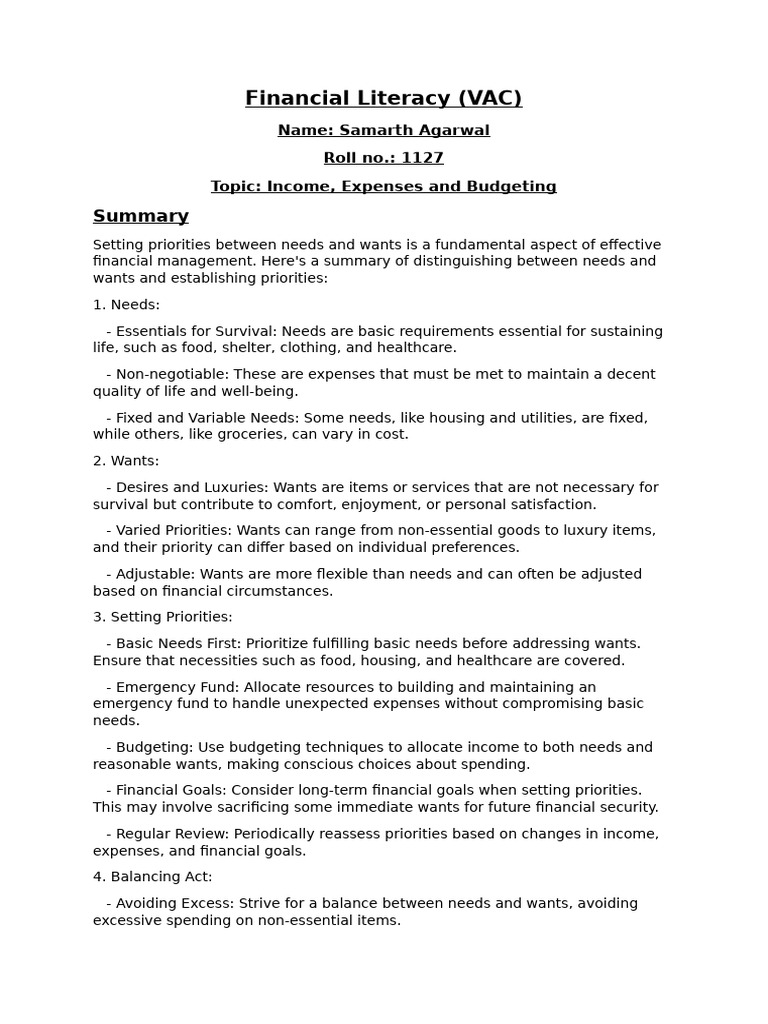 1127 - Samarth Agarwal Financial Literacy | PDF | Expense | Budget