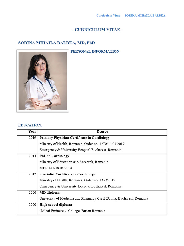 Sorina Mihaila Baldea: Cardiology CV | PDF | Echocardiography | Cardiology