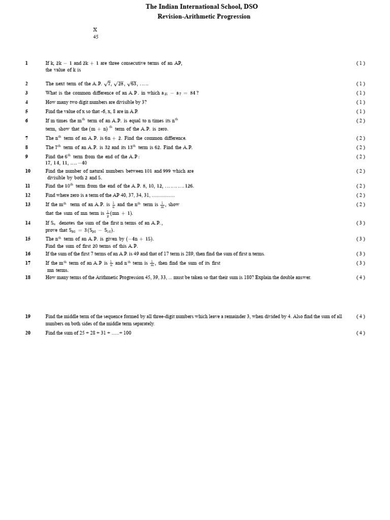 Revision Worksheet-Arithmetic Progression | PDF | Mathematics | Arithmetic