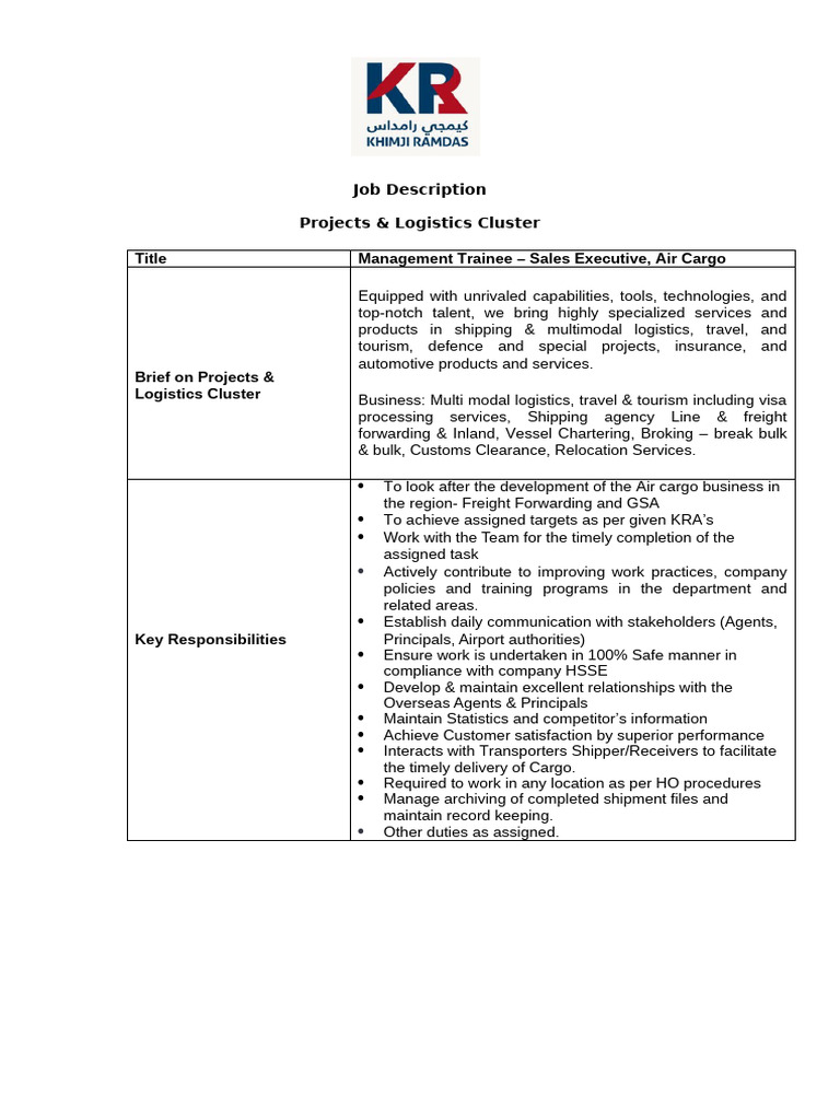 JD - Management Trainee - Sales Executive - Air Cargo | PDF | Cargo | Freight Transport