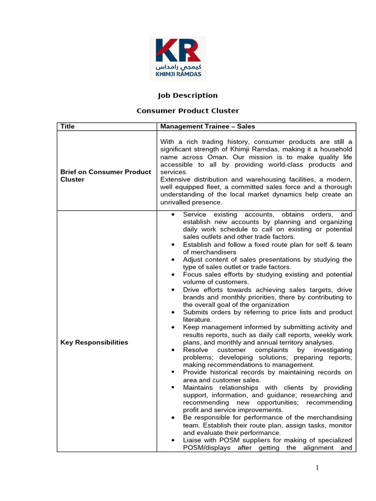 JD - Management Trainee - Sales - Consumer Product Cluster | PDF | Sales | Pricing