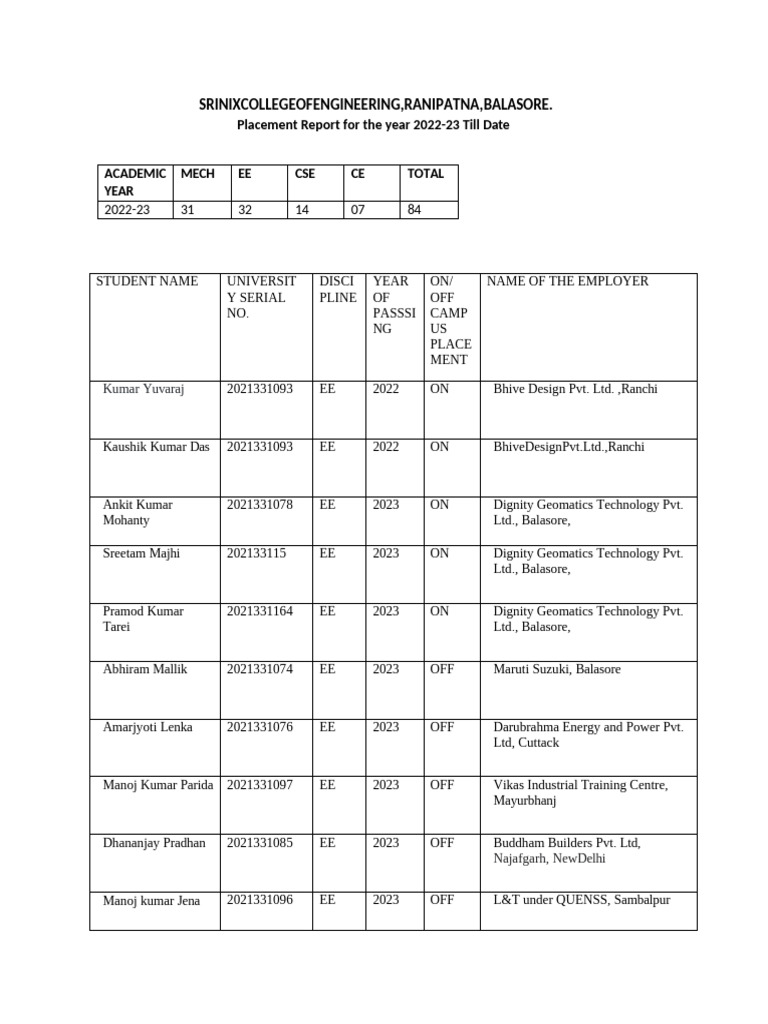 Nba Placement Summary & Report 2022-2023 | PDF