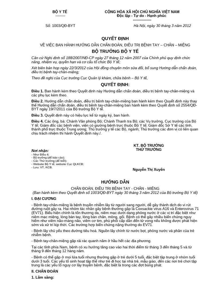 1003 - QD-BYT - HD CHWN DOAN VA DIuU TRe BaNH TAY CHAN MIaNG | PDF